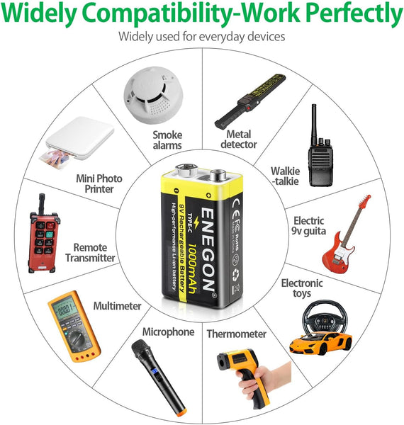 ENEGON 2 Pack 9V Rechargeable Li-ion Batteries, 1000mAh with 2-in-1 Ty